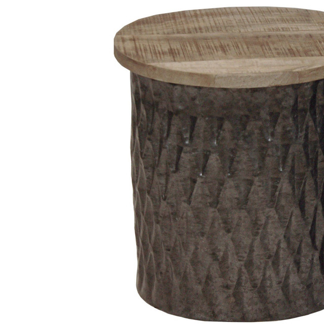 Round Wooden Accent Table with Rhombus Drum Metal Base, Set of 2, Brown ...