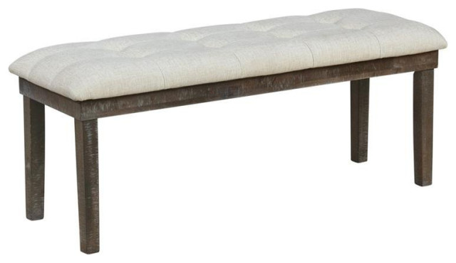 Rustic Dark Oak Dining Bench Upholstered with Beige Linen Fabric ...