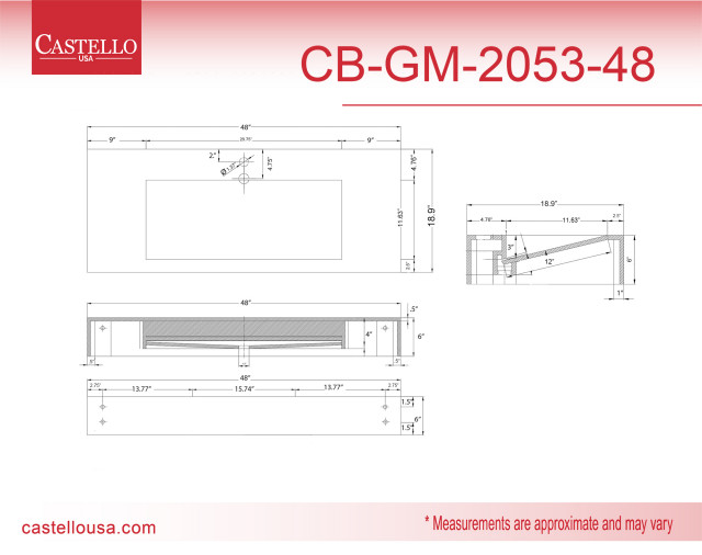 CastelloUSA Pyramid Solid Surface Wall Mounted Ramp Basin Sink, 48 ...