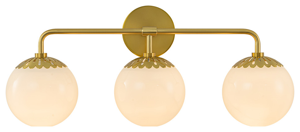 Brass 3-Light Flower Milky Glass Globe Vanity Wall Light - Midcentury ...