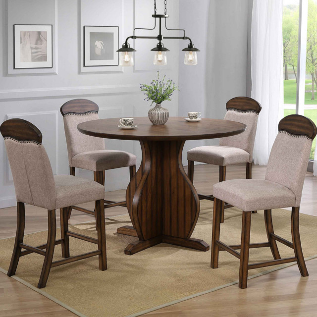 Set of 2 Linen Upholstered Counter Height Chair, Oak Finish ...