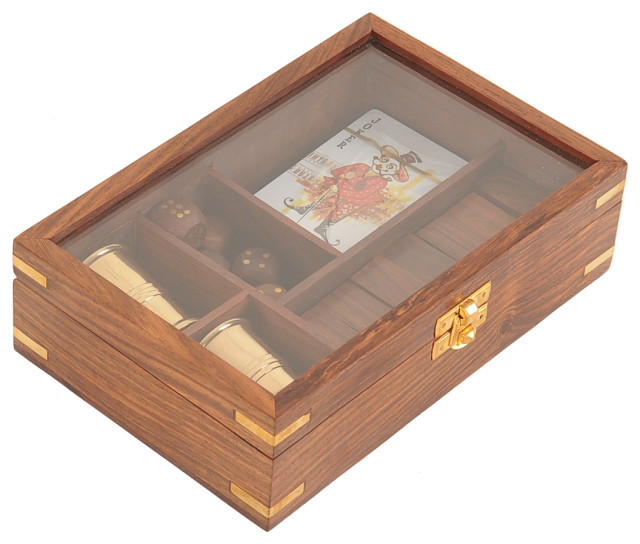 5.25" X 8" X 2.5" Wooden Game Set With Brass Goblet - Board Games And ...