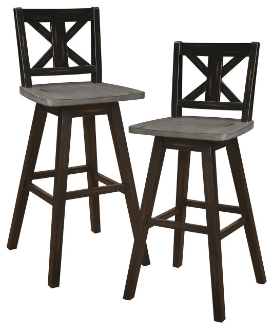 Set of 2 Bar Stool, Swiveling Wooden Seat With Crossed Cut Out Back ...