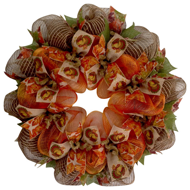 Turkey Ribbon Deco Mesh Thanksgiving Wreath Handmade - Contemporary ...