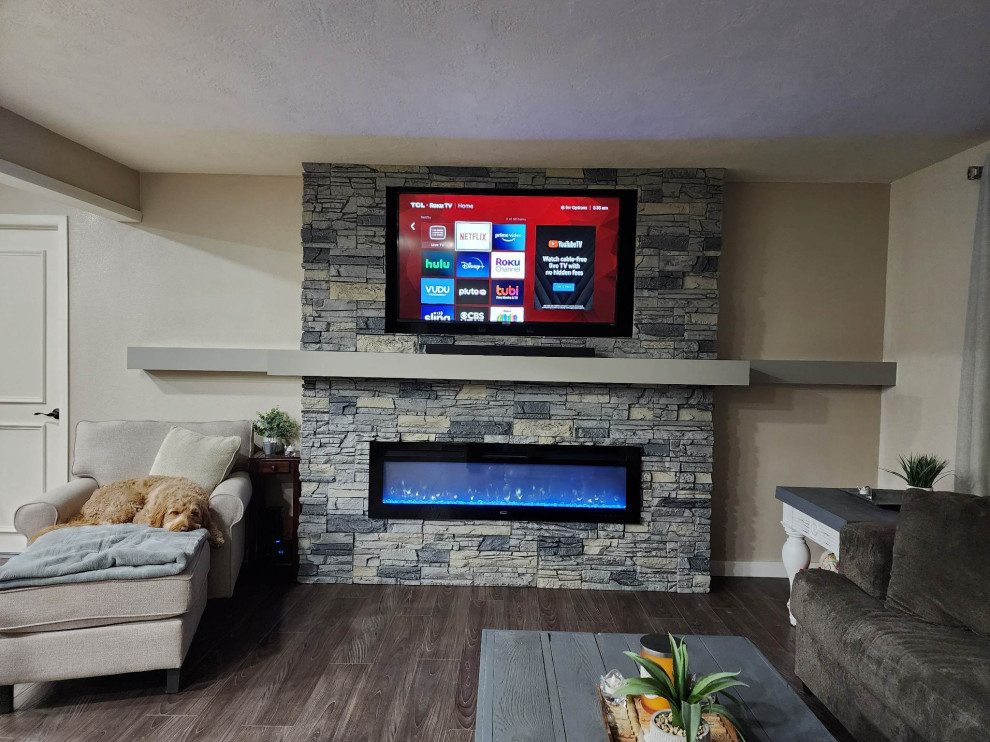 Northern Slate Stacked Stone DIY Linear Fireplace Design - Living Room ...