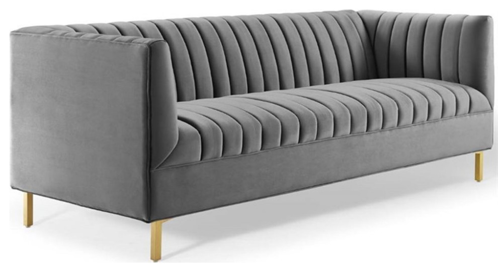 Modway Shift Modern Channel Tufted Performance Velvet Sofa in Gray/Gold ...
