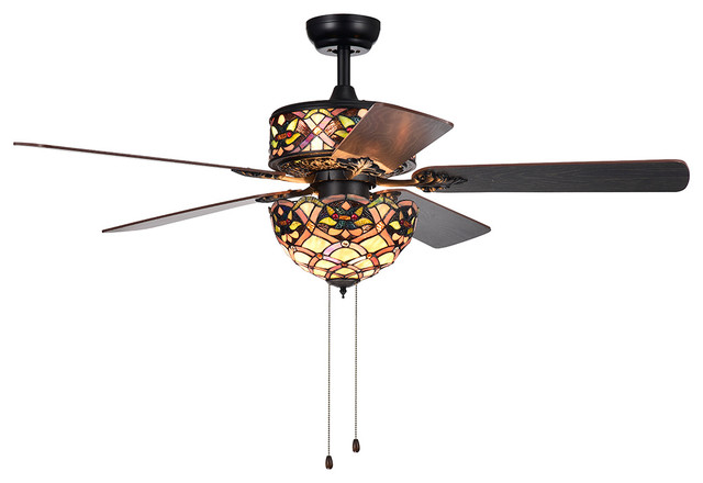 Kalsti 6-Light Lily Tiffany 5-Blade 52" Matte Black Ceiling Fan ...