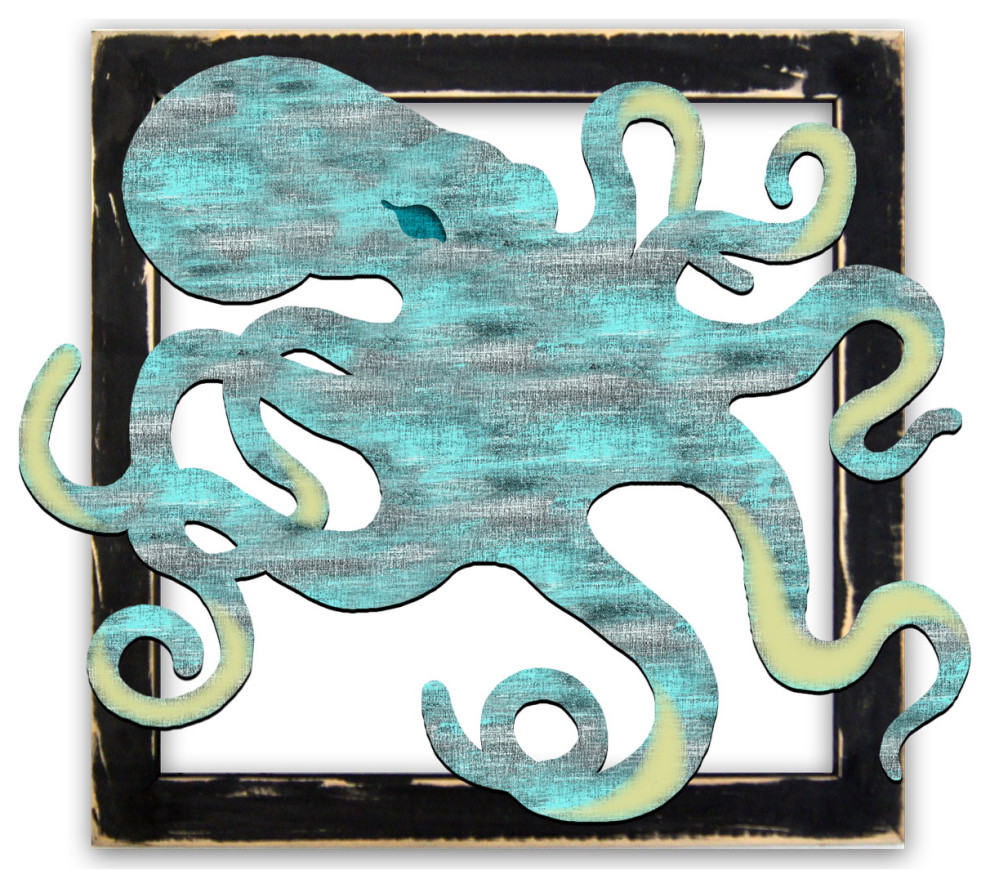 Octopus in Frame Wooden Wall Decor - Beach Style - Outdoor Wall Art ...