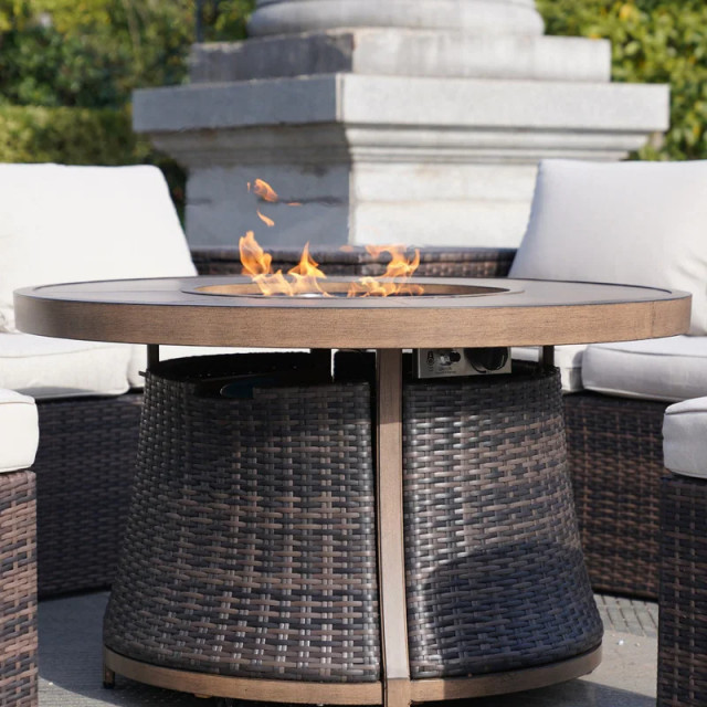Patio Wicker Round Firepit Table - Tropical - Outdoor Dining Tables ...