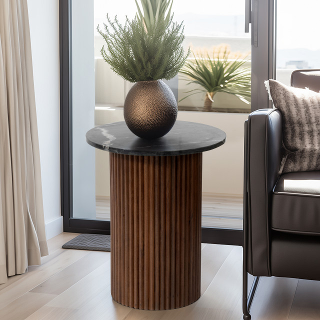 Wood/Marble, 22"H Reeded, Side Table, Brown/Black, 18x18x22 inches ...