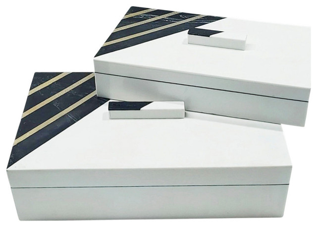 Resin, S/2 10/12" Striped Boxes W/ Knob, Black/whi - Contemporary ...