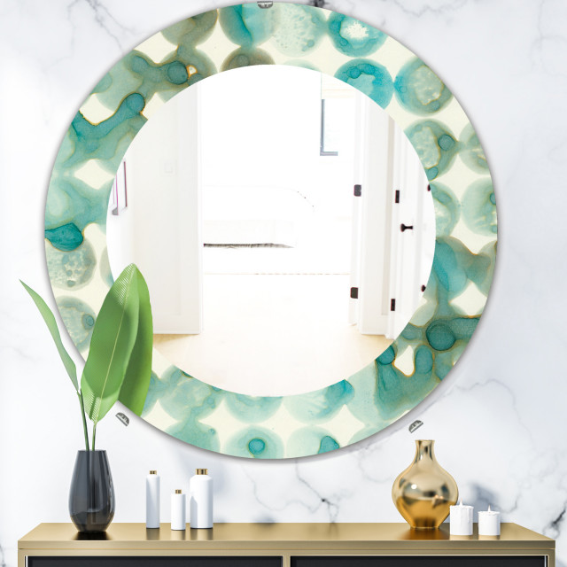 Turquoise Watercolor Geometrical I Frameless Round Wall Mirror, 32x32 ...