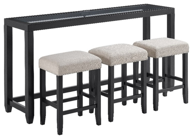 Cordero 72" Glass Top Black Console Bar Table and 3 Stools Set ...