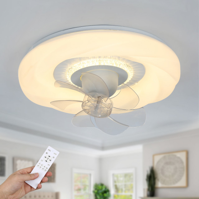 Cream White Modern Flush Mount Ceiling Fan with APP Control, 6-Speed ...