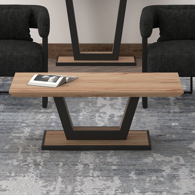 Modern MDF/Metal Rectangular Coffee Table, Natural/Black - Transitional ...