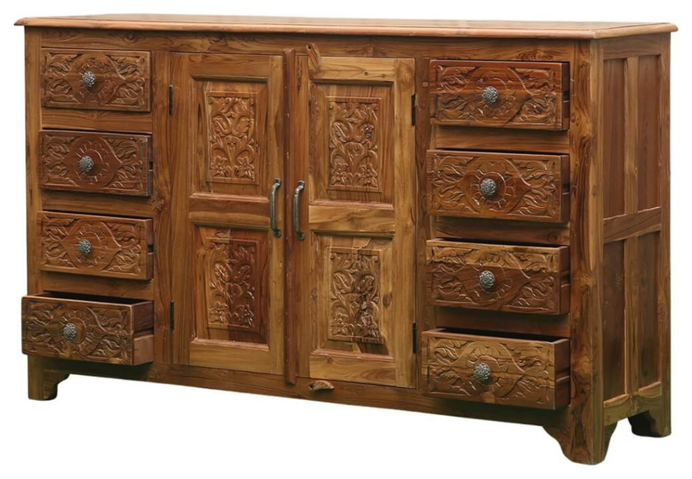 Antique Hand-carved Rustic Solid Wood Large Sideboard - Traditional ...