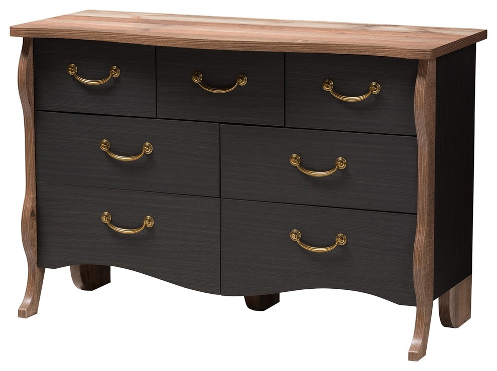 Romilly Country Cottage Farmhouse Black and Oak-Wood 7-Drawer Dresser ...