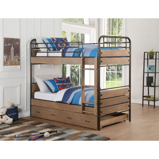 Daisy Rustic Triple Bunk Bed, Twin/Twin & Trundle - Industrial - Bunk ...
