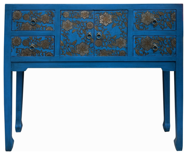 Blue Lacquer Golden Flower Graphic Drawers Slim Foyer Side Table Hcs7732 - Asian - Console ...