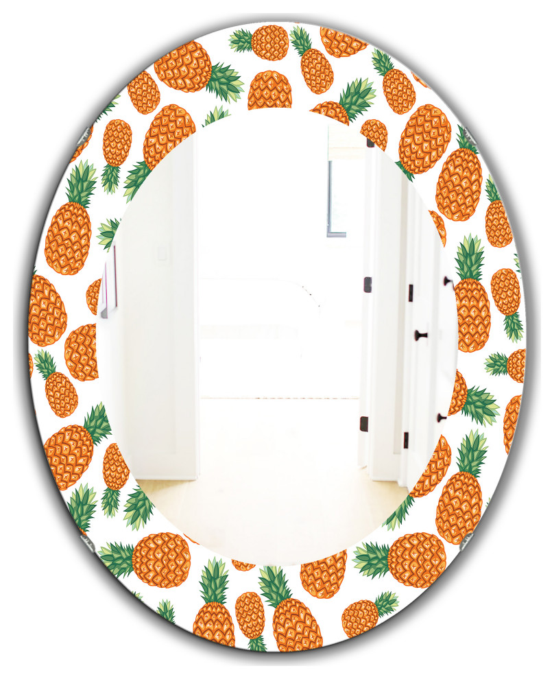 Tropical Mood Pineapple 3 Bohemian Frameless Round Wall Mirror, 24x36 ...