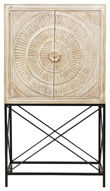 Albert Solid Wood Wine Cabinet With 2 Hand-Carved Doors, Distressed ...