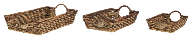 Hand-Woven Buri and Abaca Trays With Handles, Natural and Brown, Set of ...