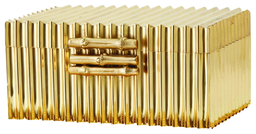 Luxe Ribbed Gold Metal Decorative Box Bamboo Handle 9" Solid Brass ...