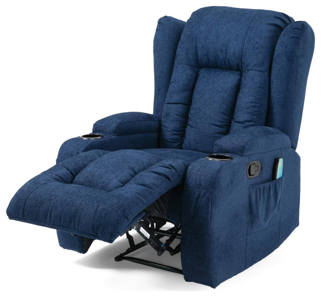 Navy Blue Contemporary Recliner with Tufted Seat and Cup Holders ...