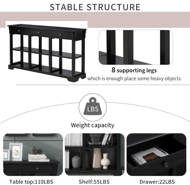 Large Console Table, Open Shelves & Drawers With Ample Storage Space ...