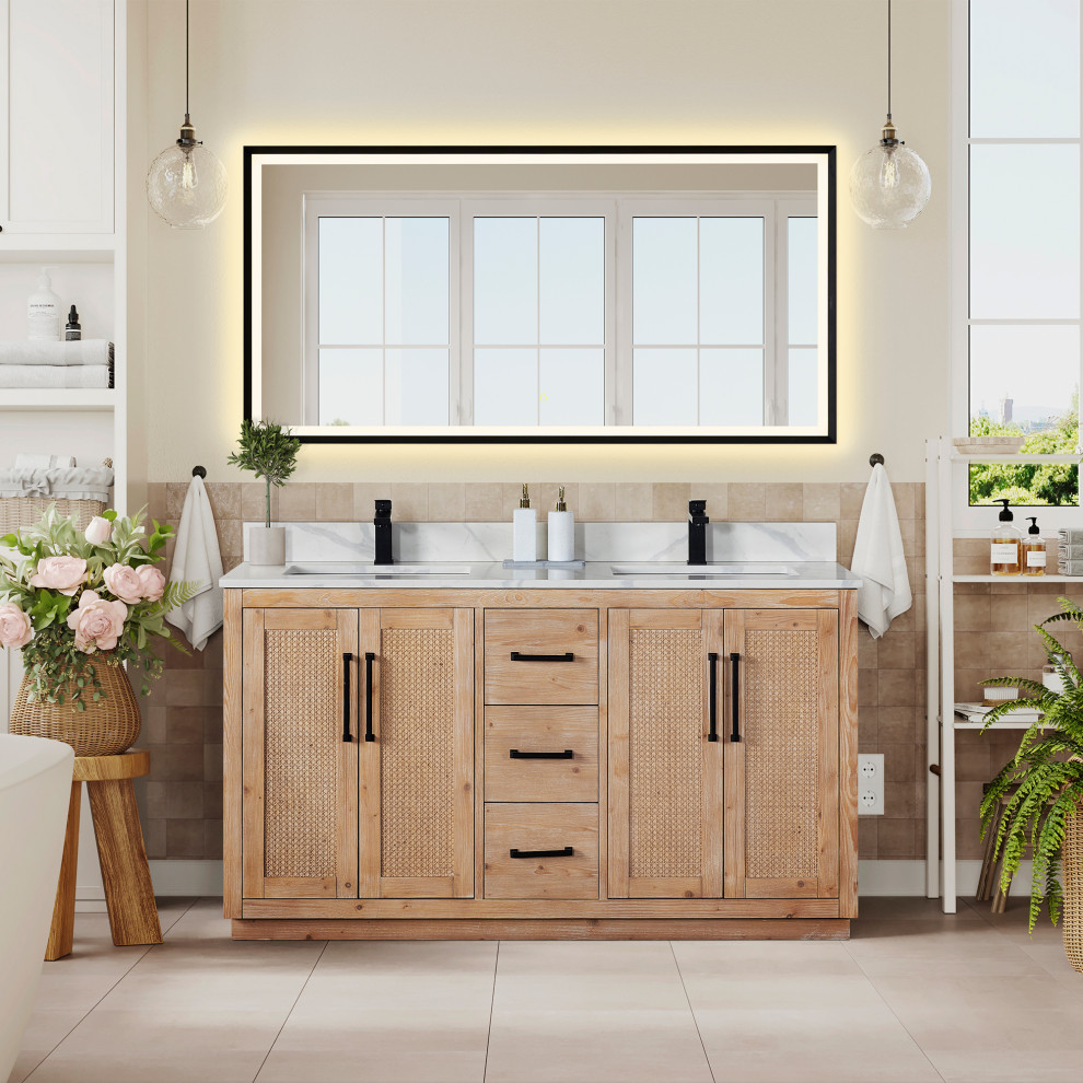 Floral Vanity, Calacatta White Quartz Countertop, 60" - Farmhouse ...