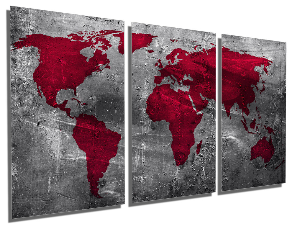 Abstract Deep Red World Map, Metal Print Wall Art, 3 Panel Split ...