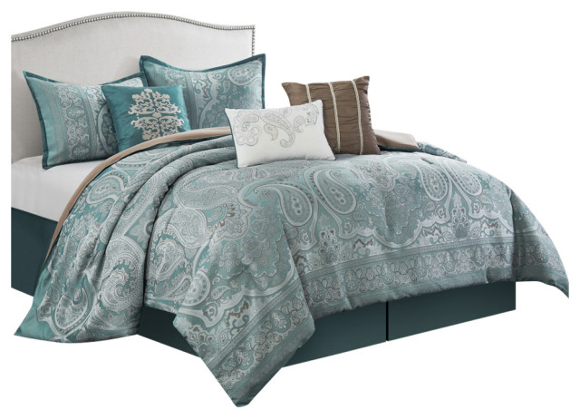 Tamela 7-Piece Comforter Set, Aqua, Queen - Mediterranean - Comforters ...