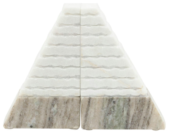 Set of 2 Marble 6"H Pyramid Bookends, White/Onyx - Transitional ...