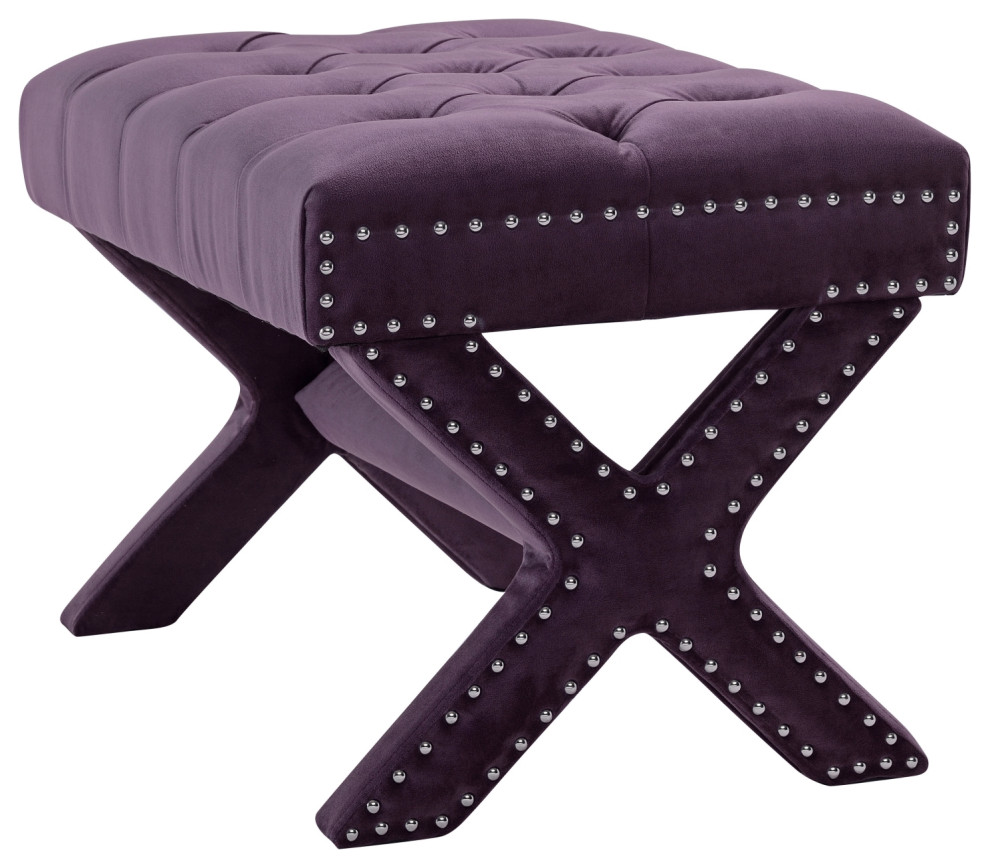 Paola Velvet Button Tufted Silver Nailhead Trim X Leg Ottoman