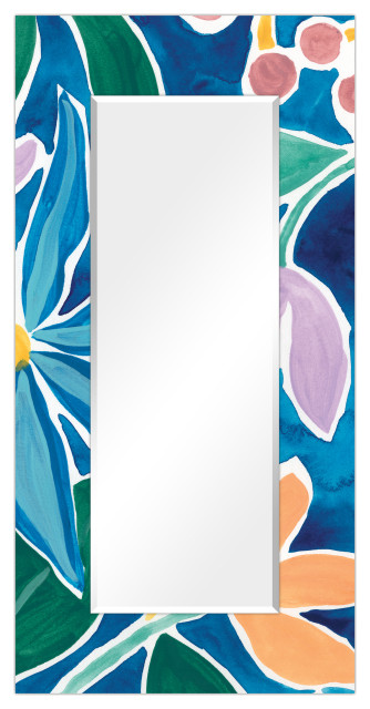 Blue Rectangular Beveled Mirror on Free Floating Printed Tempered Art ...