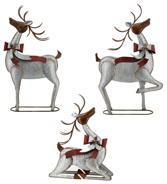 Set of 3 Large Galvanized Reindeer With Bows and Bells - Traditional ...
