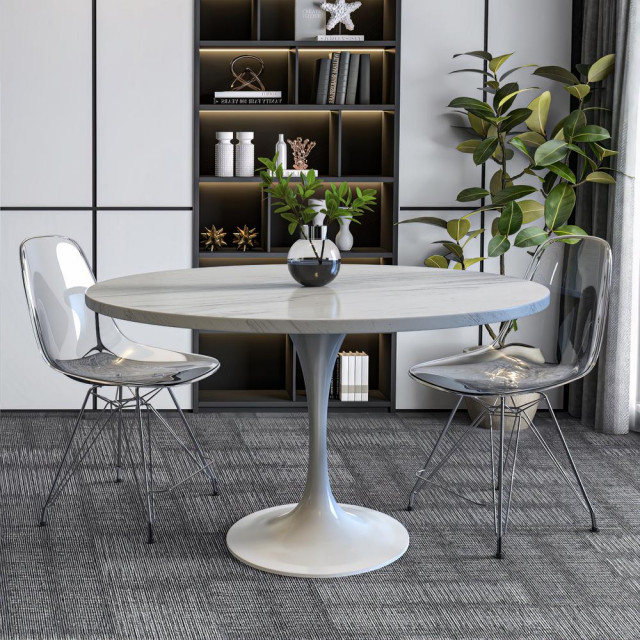 48 Round Dining Table, White Base with Laminated White Marbleized Top ...
