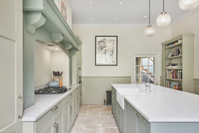 Capri White Gemini Quartz worktops with sage green cabinetry - Rustic ...