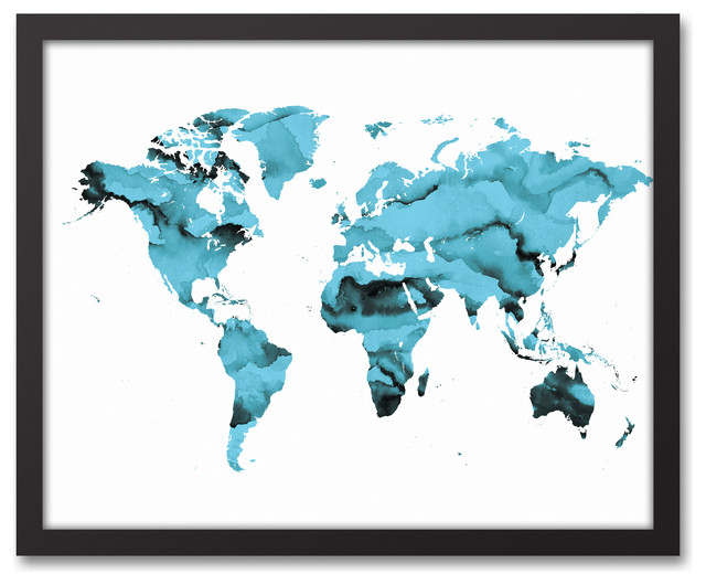 Blue World Map 16x20 Black Framed Canvas - Contemporary - Prints And ...