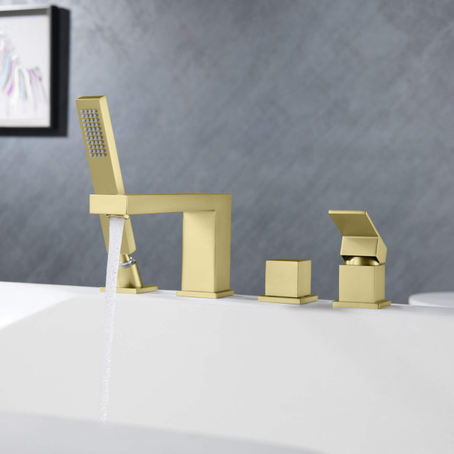 Cube Deck Mounted Bathtub Faucet With Hand Shower - Contemporary - Tub ...