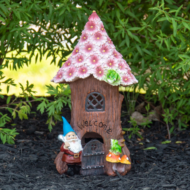 14" Solar Lighted Bless Our Home Gnome Tree House Outdoor Garden Statue ...