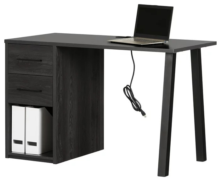 Contemporary Desk, Metal Legs With 2 Drawers & Open Comparments ...