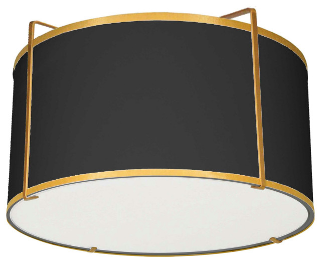 2 Light Flush Mount Drum Gold/Black Shade w/ White Fabric Diffuser ...