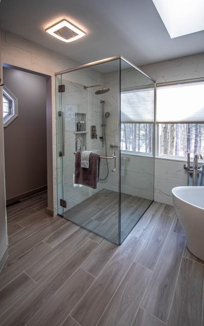 Siteline White Vanity, Barrier Free Walk-in Shower and Free Standing ...