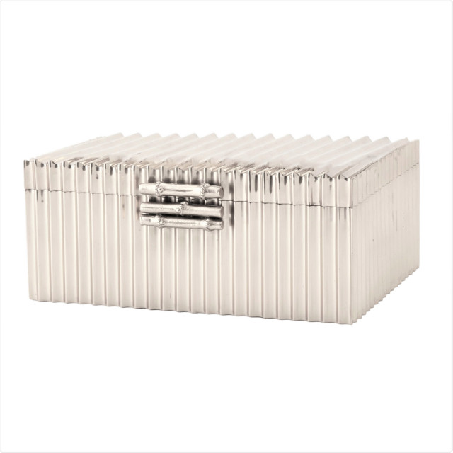 Luxe Ribbed Silver Metal Decorative Box Bamboo Handle 12" Solid Brass ...