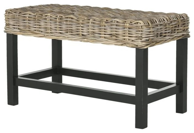 Nautical Rustic Wicker Bench with Mahogany Legs and Natural Woven Seat ...