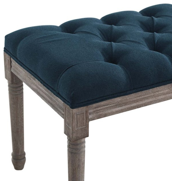 French Vintage Upholstered Fabric Bench with Deep Tufted Seat, Wooden ...