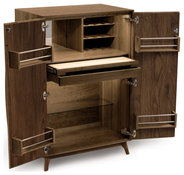 Catalina, Bar Cabinet With Lock, Natural Walnut Finish - Midcentury ...