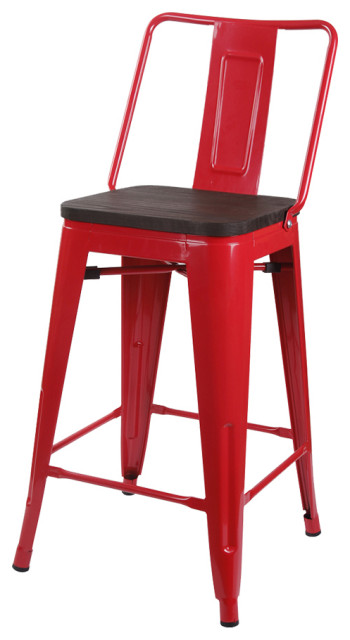 Metal Red Bar Stools With Middle Back Dark Wooden Seat, Set of 1 ...