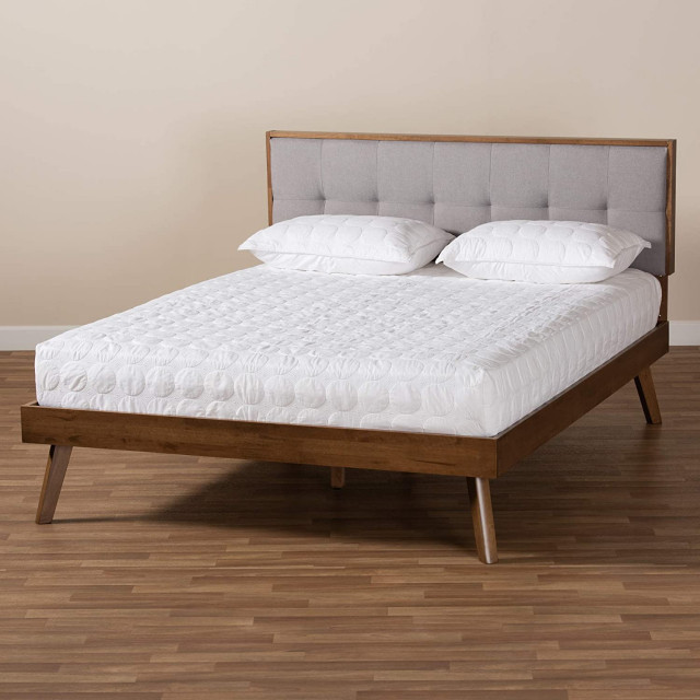 Light Grey/Walnut Queen Platform Bed with Angled Legs and Padded ...